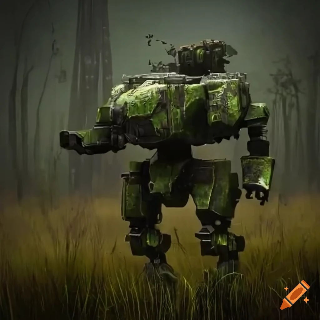 Camouflaged reconnaissance mech in a swamp on Craiyon