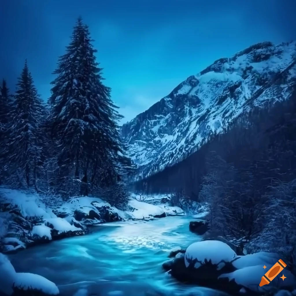 Neon-lit snowy landscape with mountains and stream on Craiyon