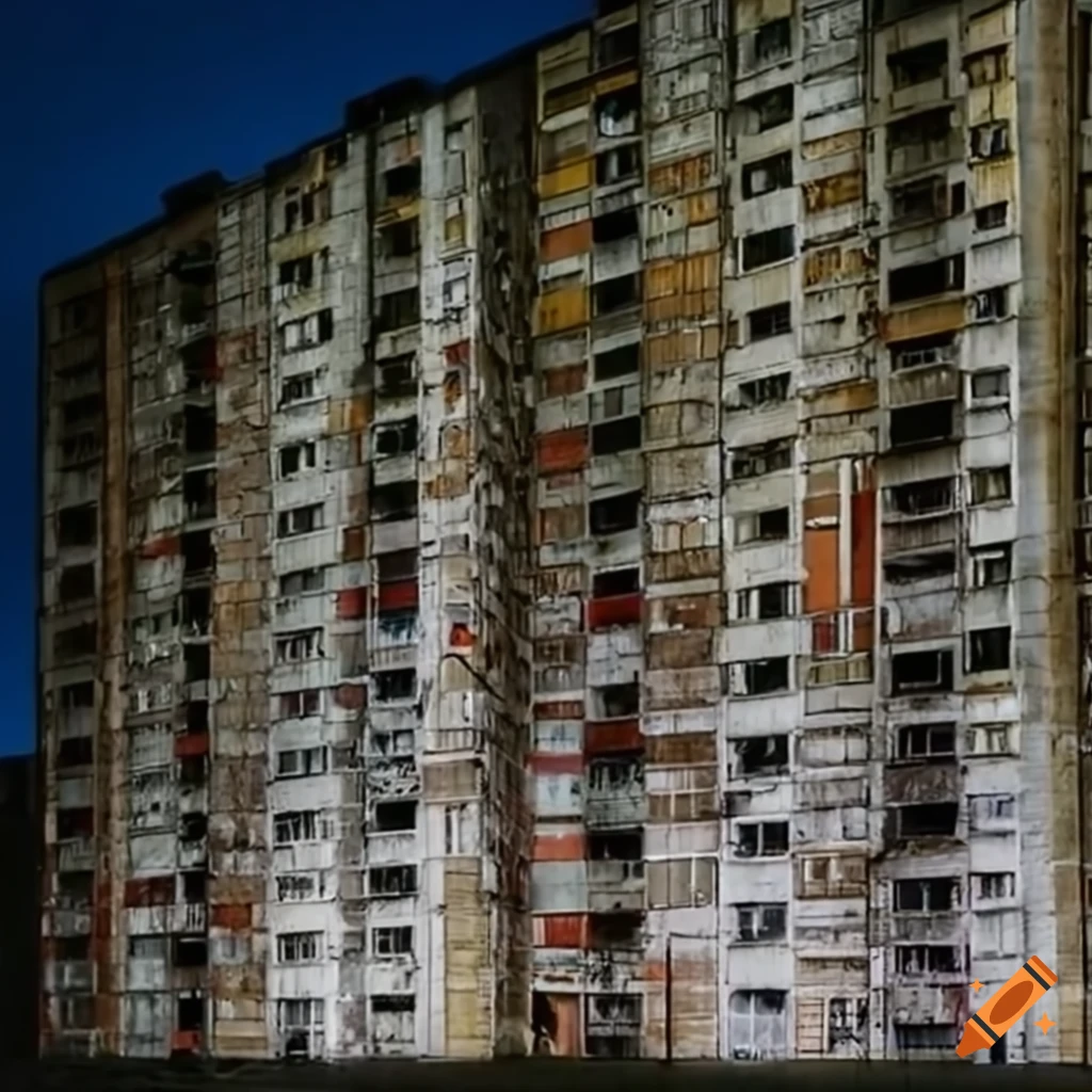 Night view of a Soviet panel housing complex on Craiyon