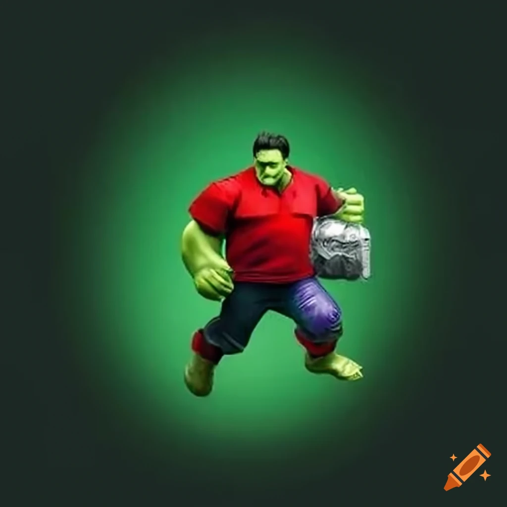 Hulk dressed in a red polo shirt holding a bag of cans on Craiyon