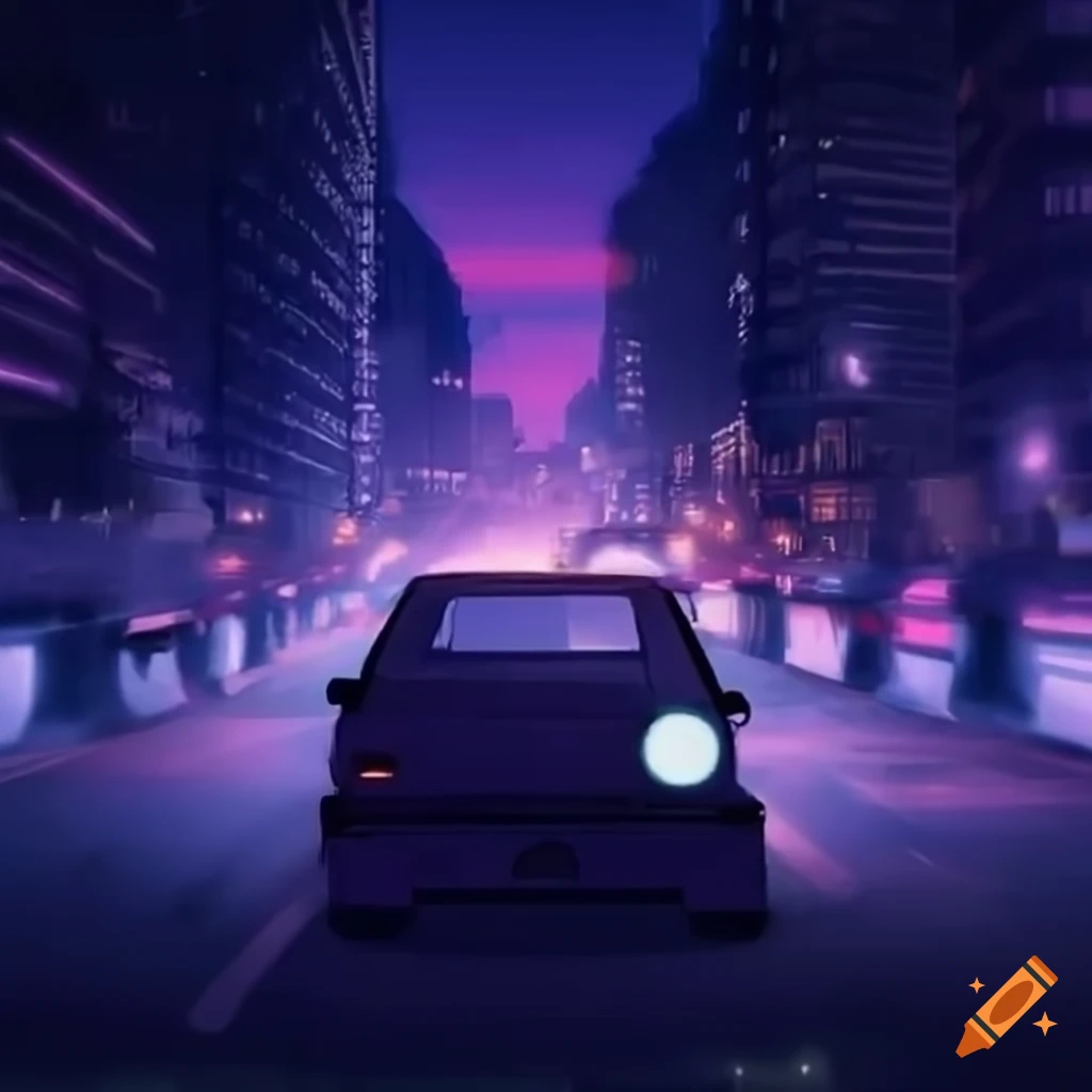 Anime-style car driving at night