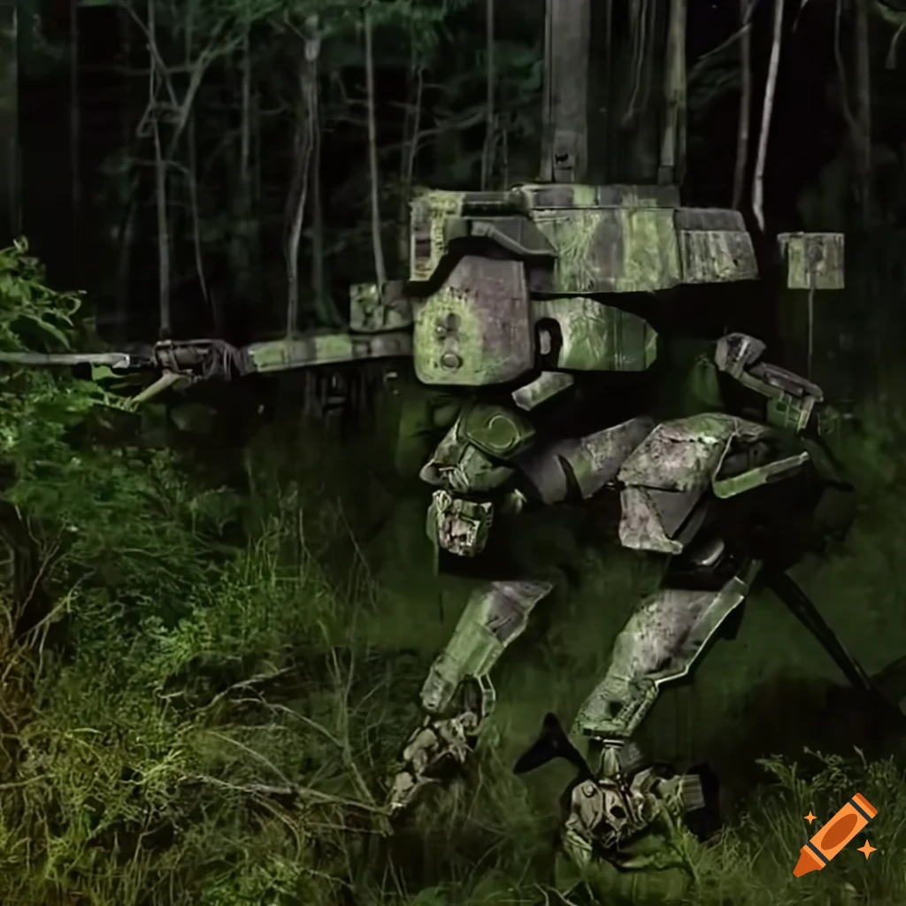 Camouflaged light Armored Mech in swamp on Craiyon