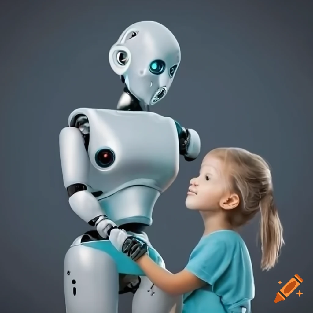 Humanoid robot interacting with a little girl
