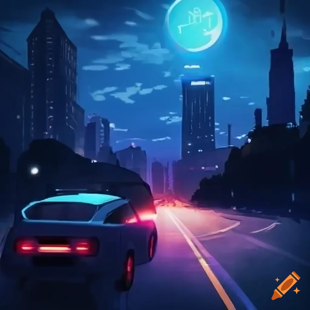 Anime-style car driving at night on Craiyon