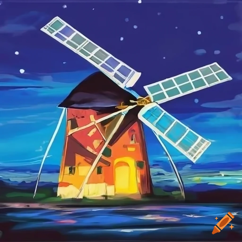 Painting of a cute windmill with solar panels