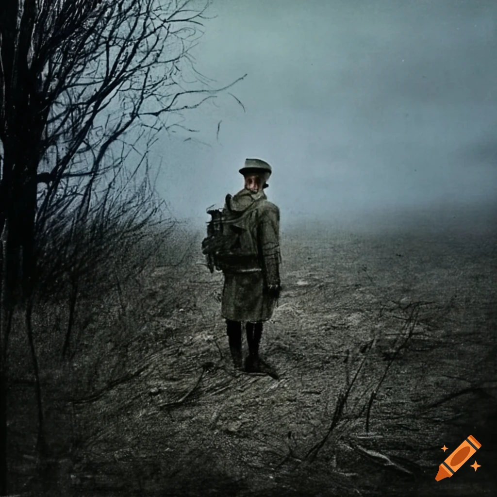 Soldiers marching through city ruins in early 1900s on Craiyon