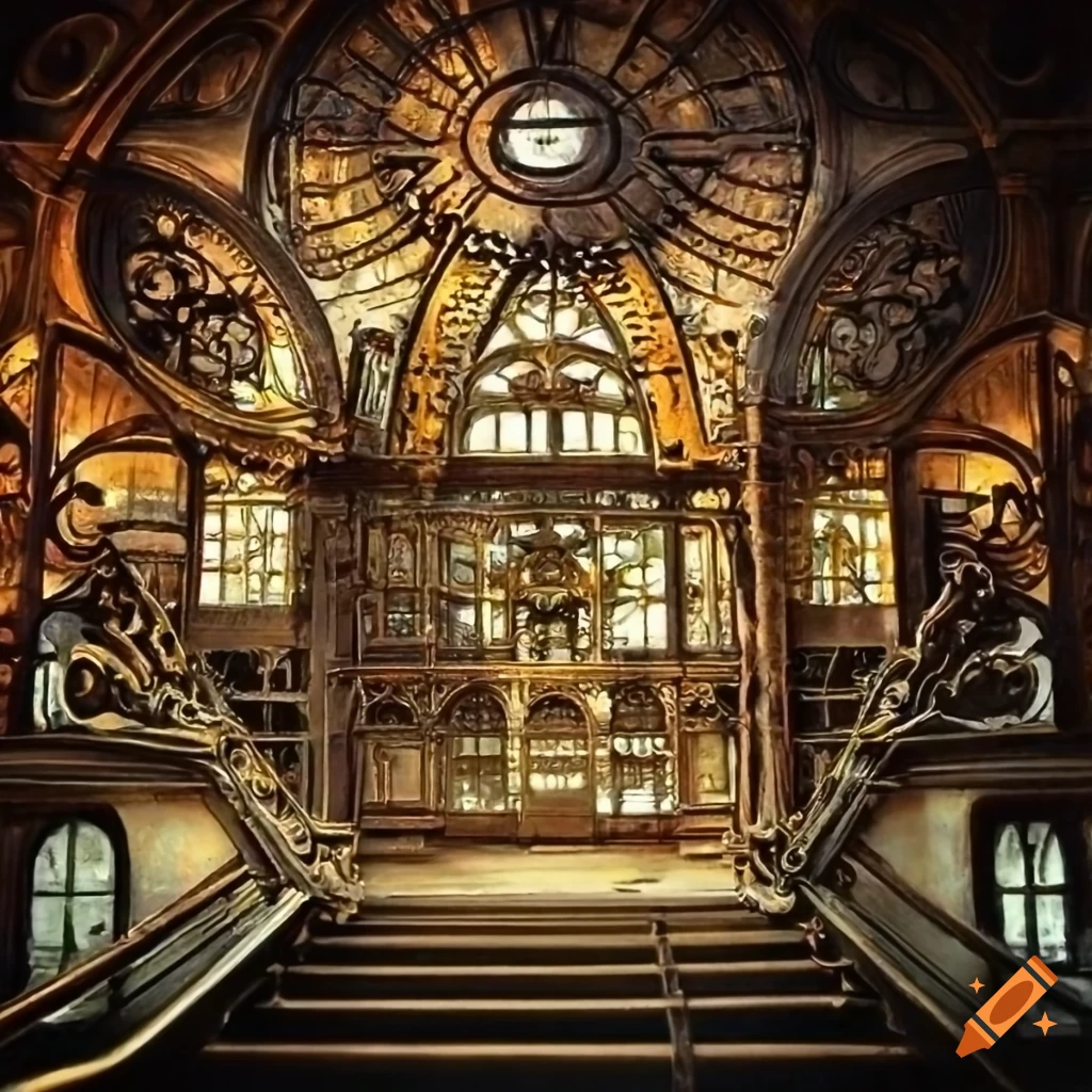Steampunk glass art nouveau architecture of a large railway station