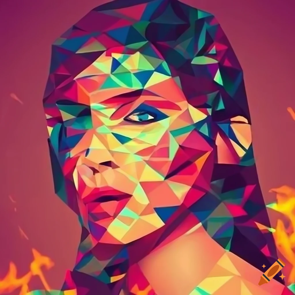 Retro style polygon portrait of a girl with flaming eyes on Craiyon