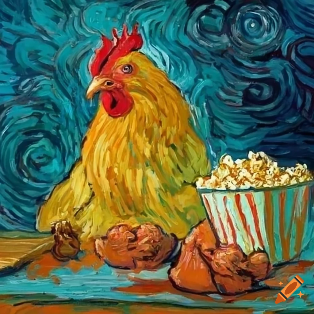 A chicken surfing in the style of van gogh on Craiyon