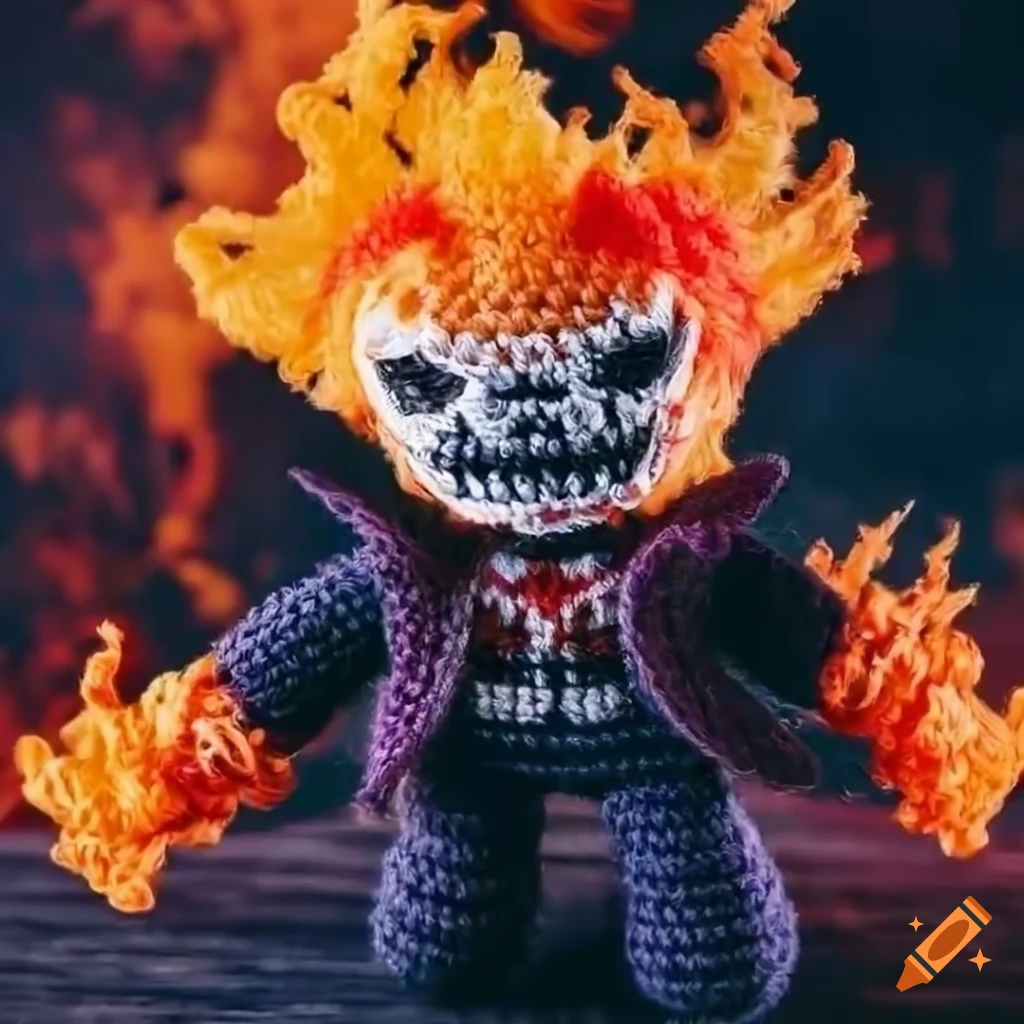 Close-up photo of photo-realistic Ghost Rider crochet doll on Craiyon