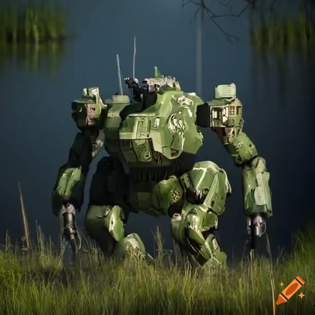Camouflaged light Armored Mech in the marsh at night on Craiyon