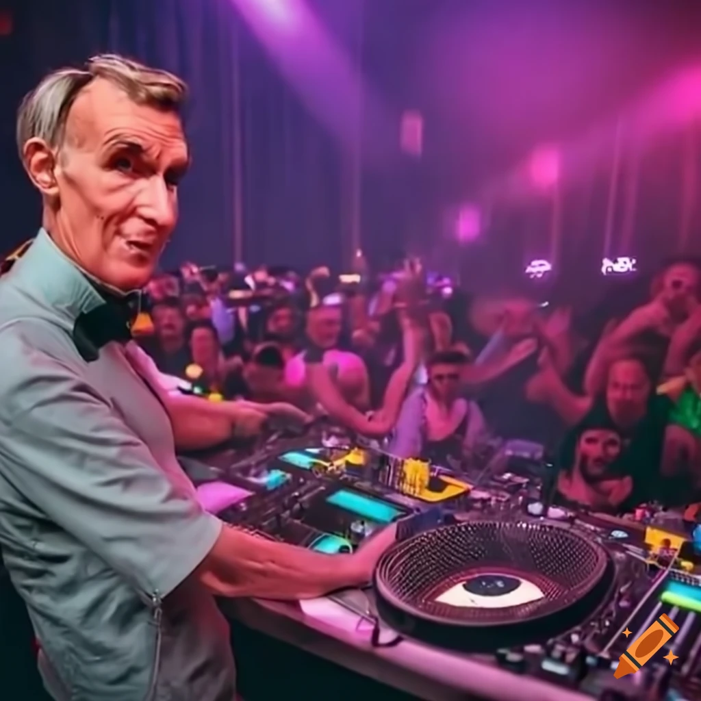 Elderly dj performing at a lively nightclub on Craiyon