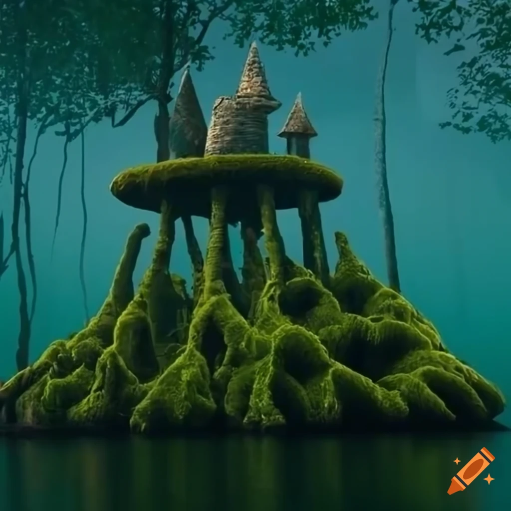 Mangrove forest with moss-covered stone tower on Craiyon