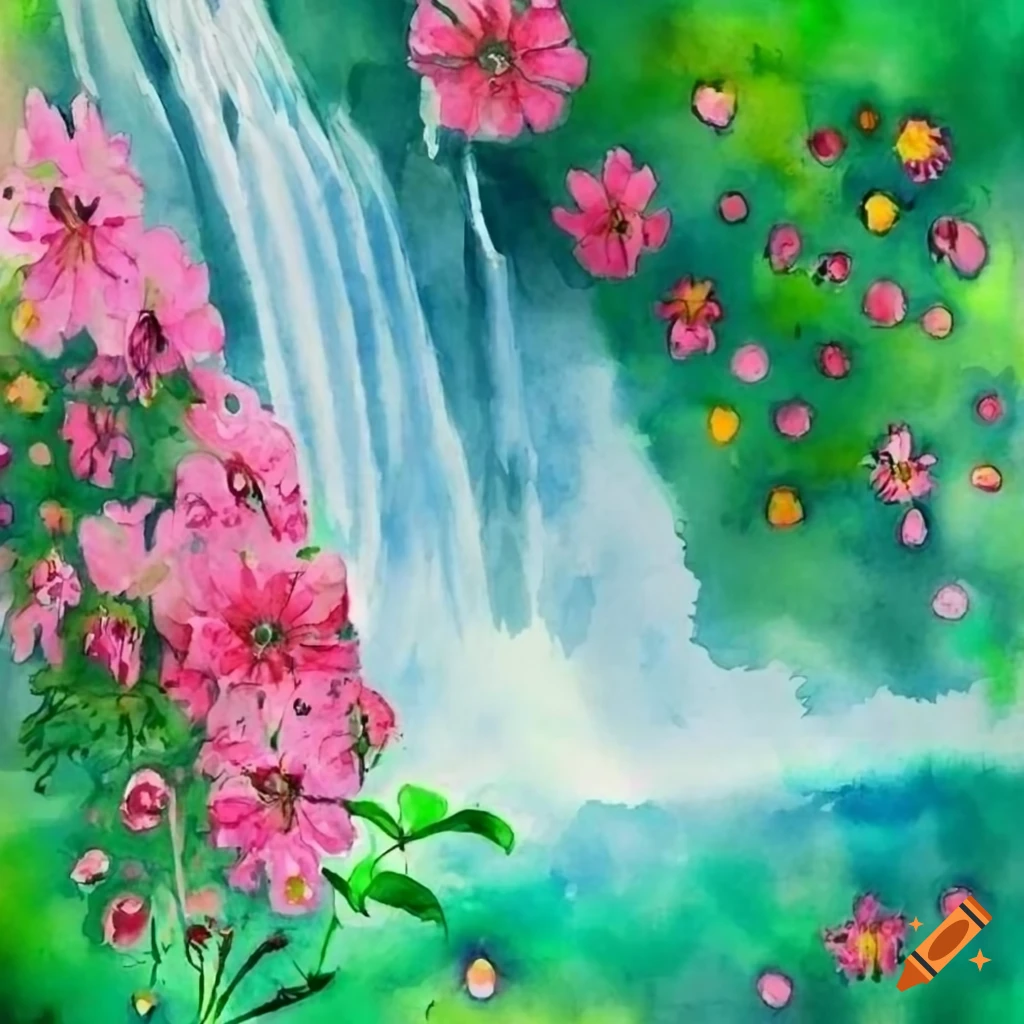 Pink flower field with a waterfall on Craiyon