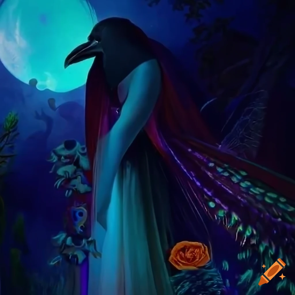 Image of a mystical curandera and a raven in a forest garden