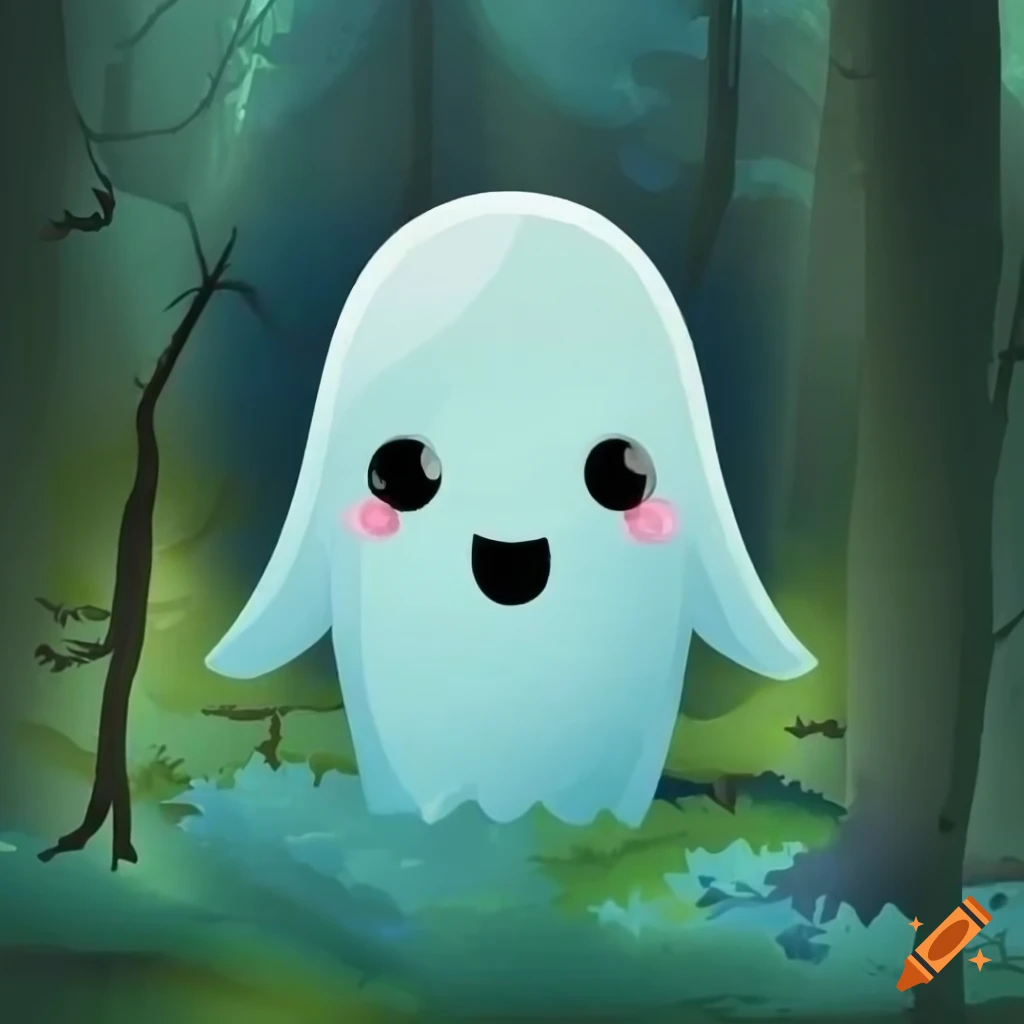 Cute white anime ghost with blue eyes in a snowy scene on Craiyon