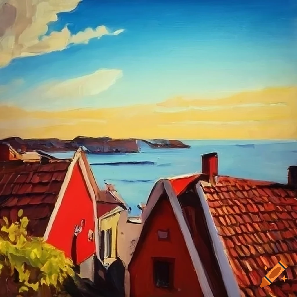 Oil painting of a colorful seaside town at sunset on Craiyon