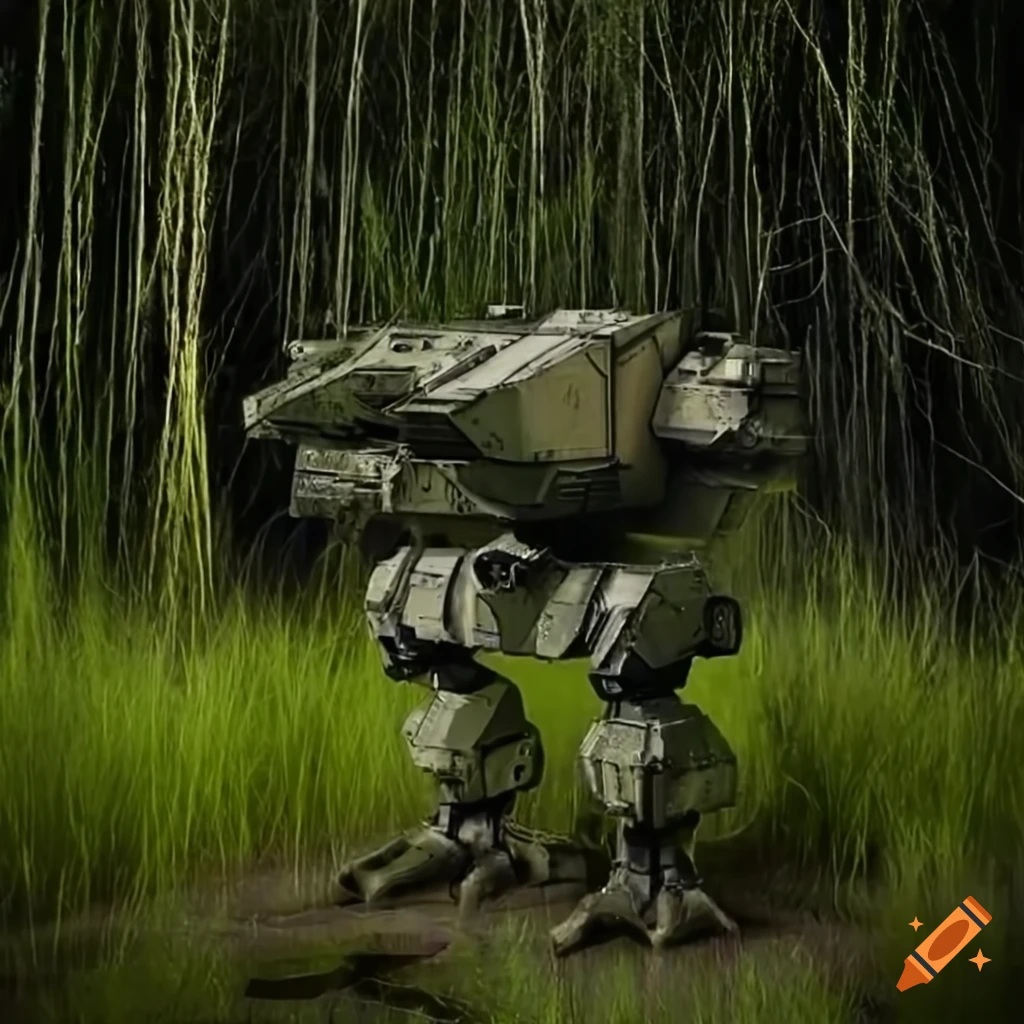 Camouflaged mech robot scanning the swamp at night on Craiyon