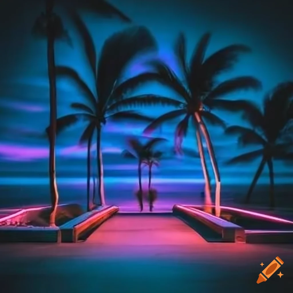 Neon-lit beach with palm trees at night on Craiyon