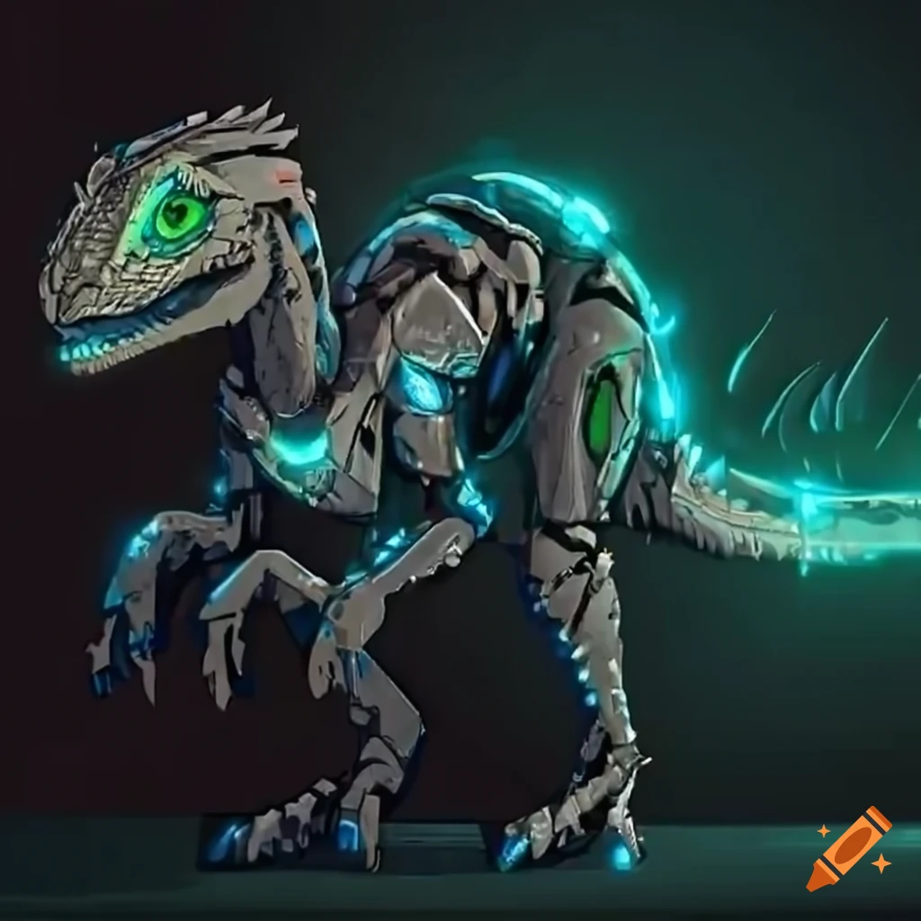 Robotic velociraptor with glowing green eyes on Craiyon