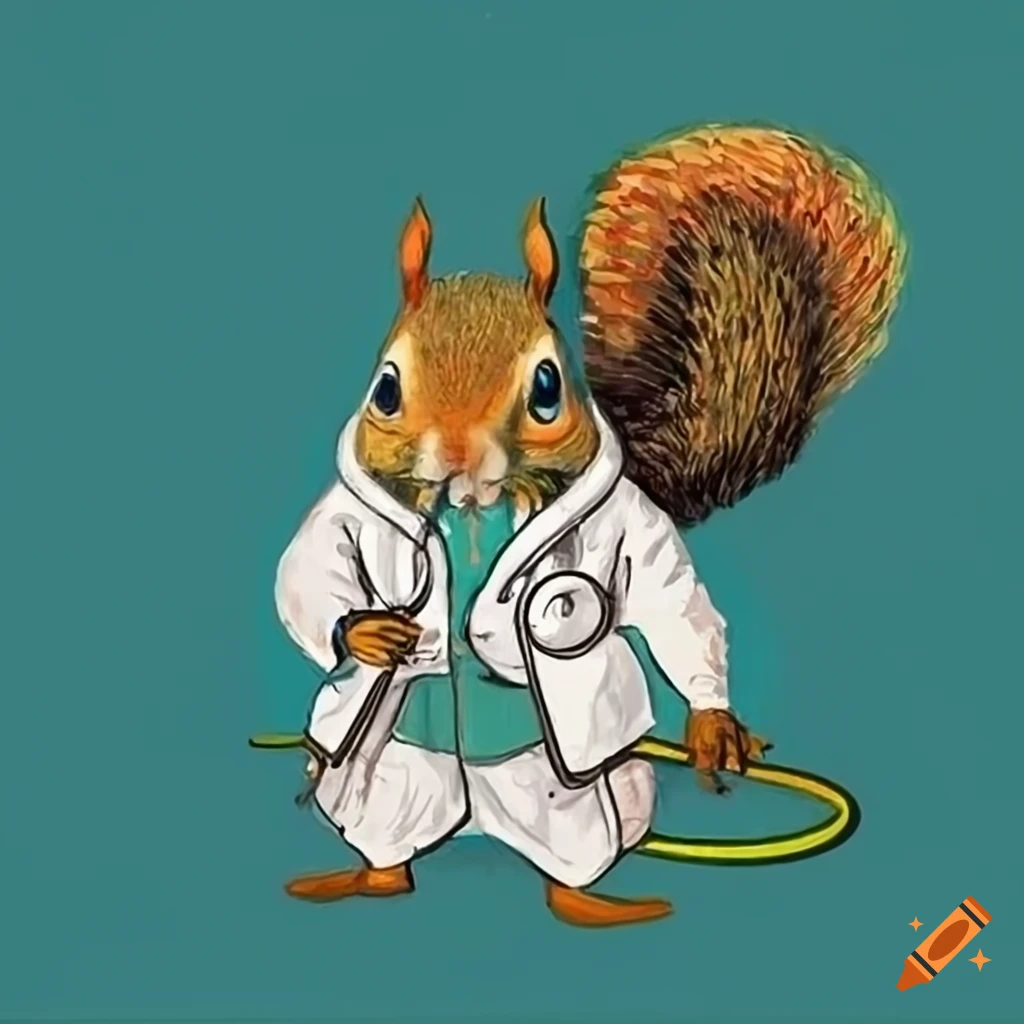 Van gogh style squirrel wearing doctor's coat and stethoscope on Craiyon
