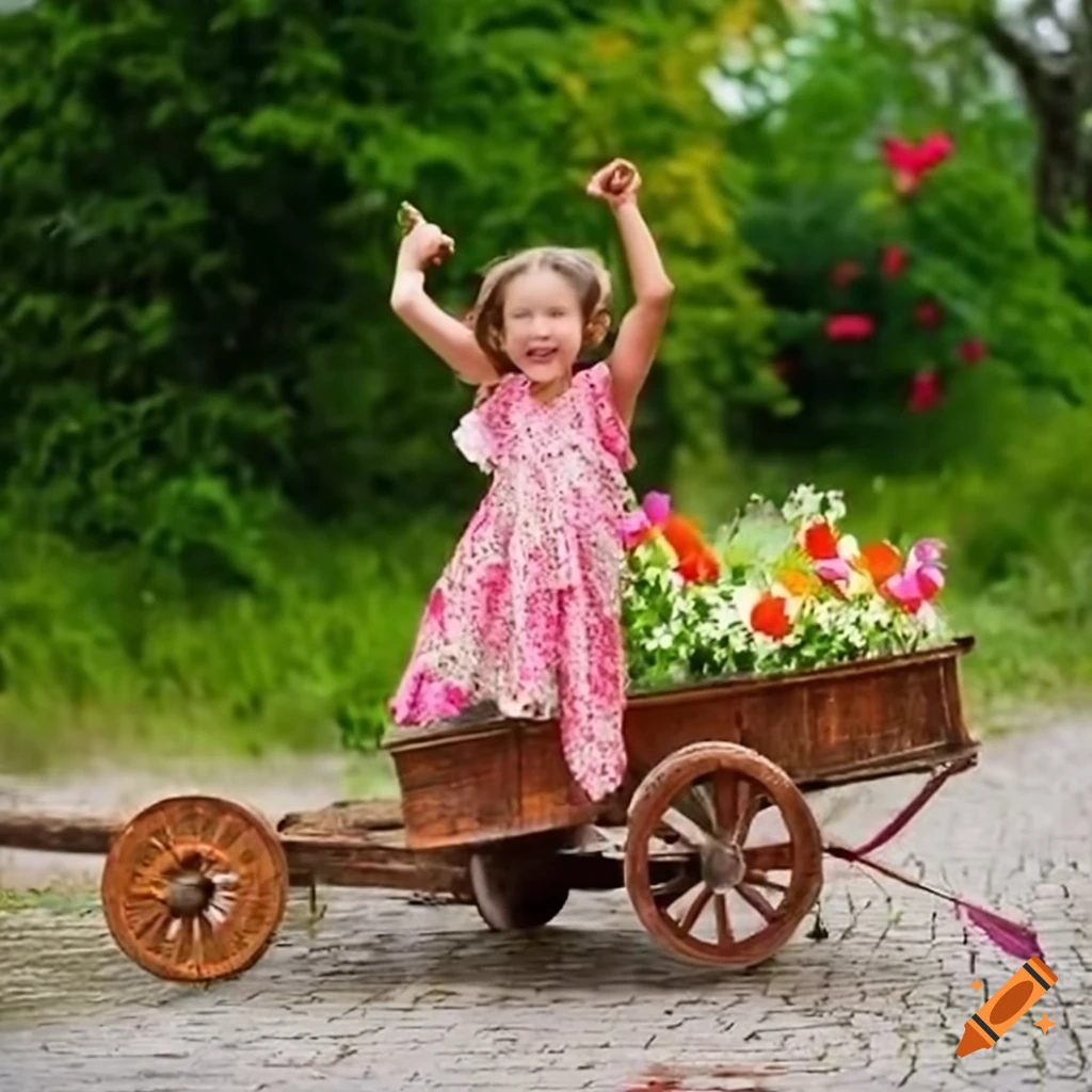 Scene of a little girl riding a beautifully decorated cart in a ...