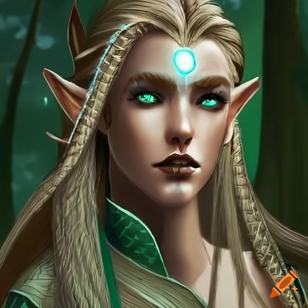 Art of a beautiful elven woman with flowing forest-colored hair on Craiyon