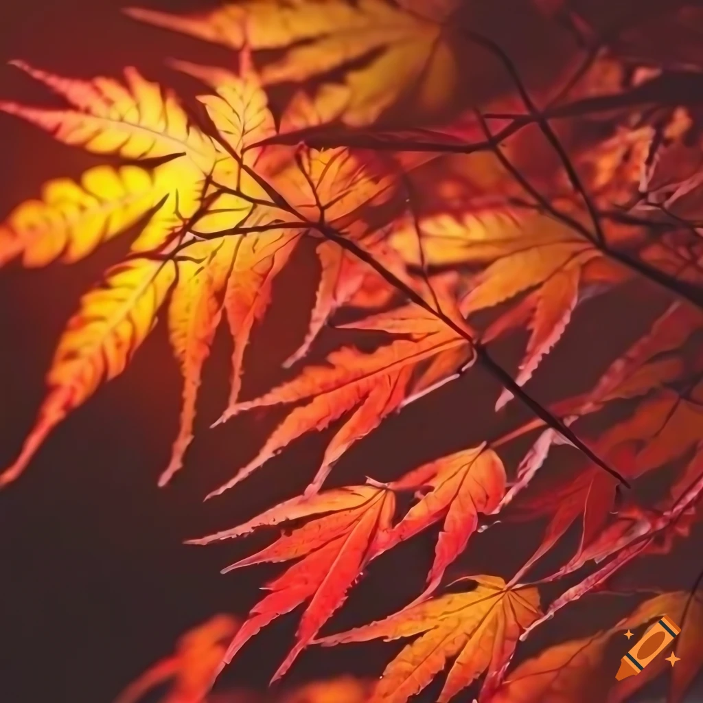 Backlit Japanese maple leaves in autumn on Craiyon