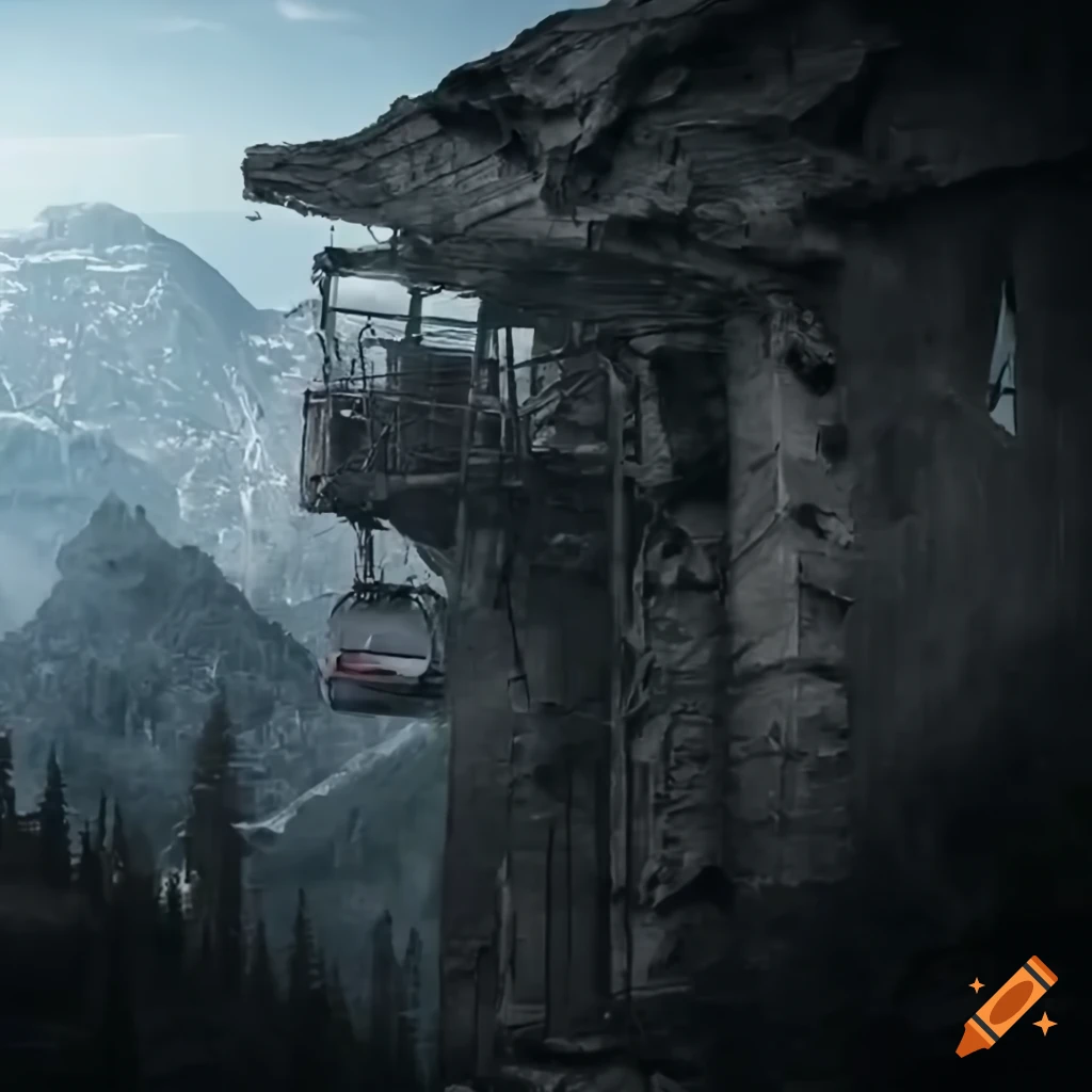 Damaged cable car station in the mountains on Craiyon