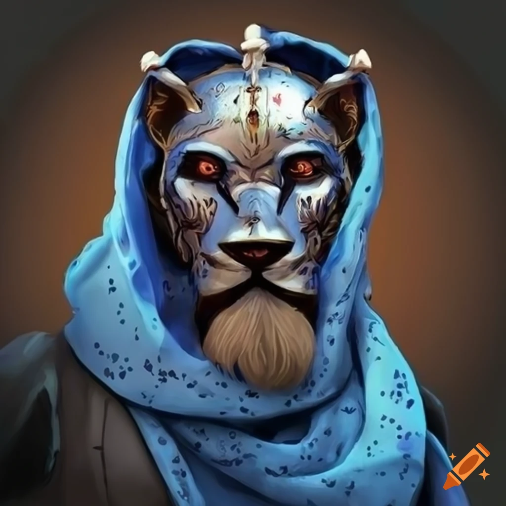 Concept art of a blue-eyed leonin barbarian on Craiyon