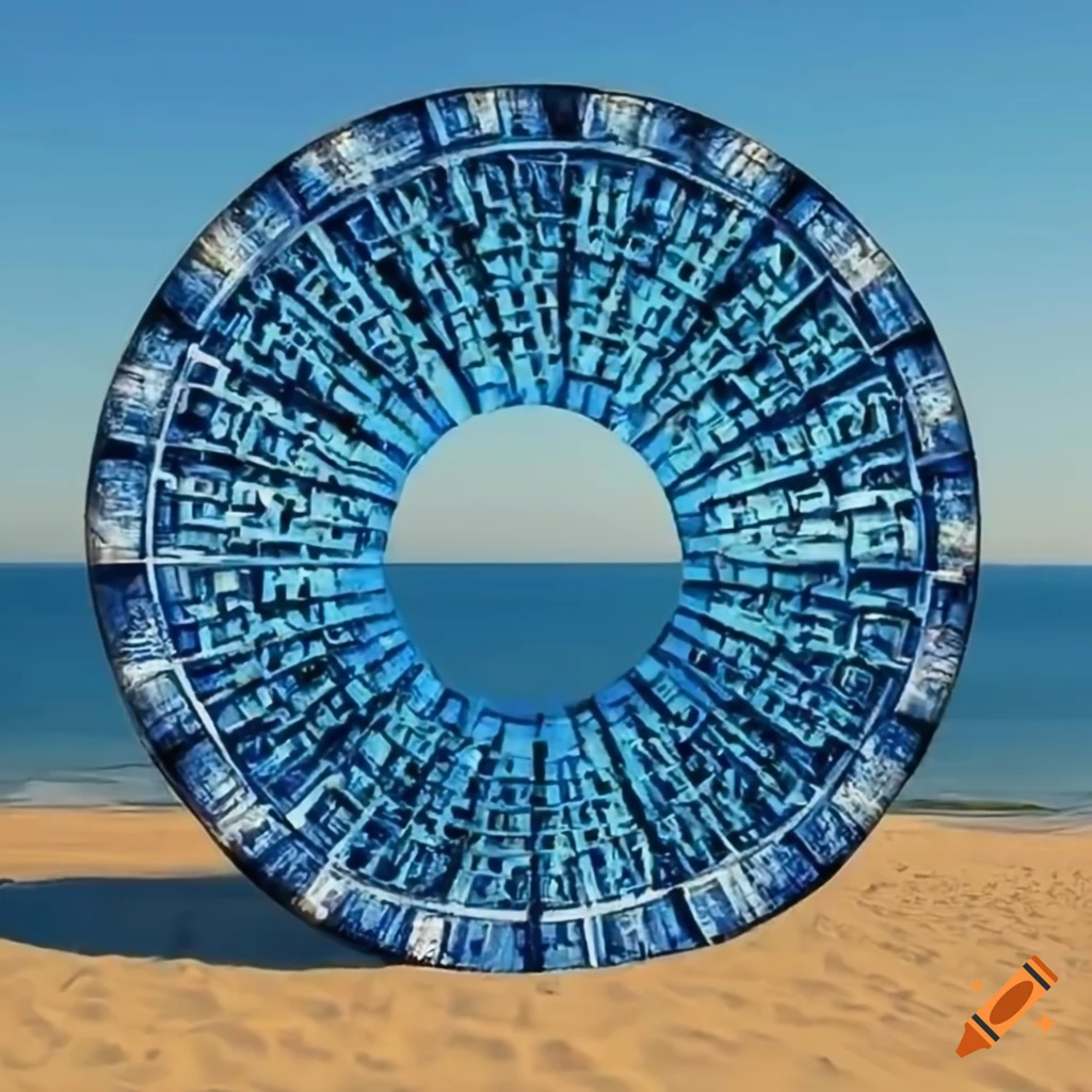 Sunny beach with a large blue stargate on Craiyon
