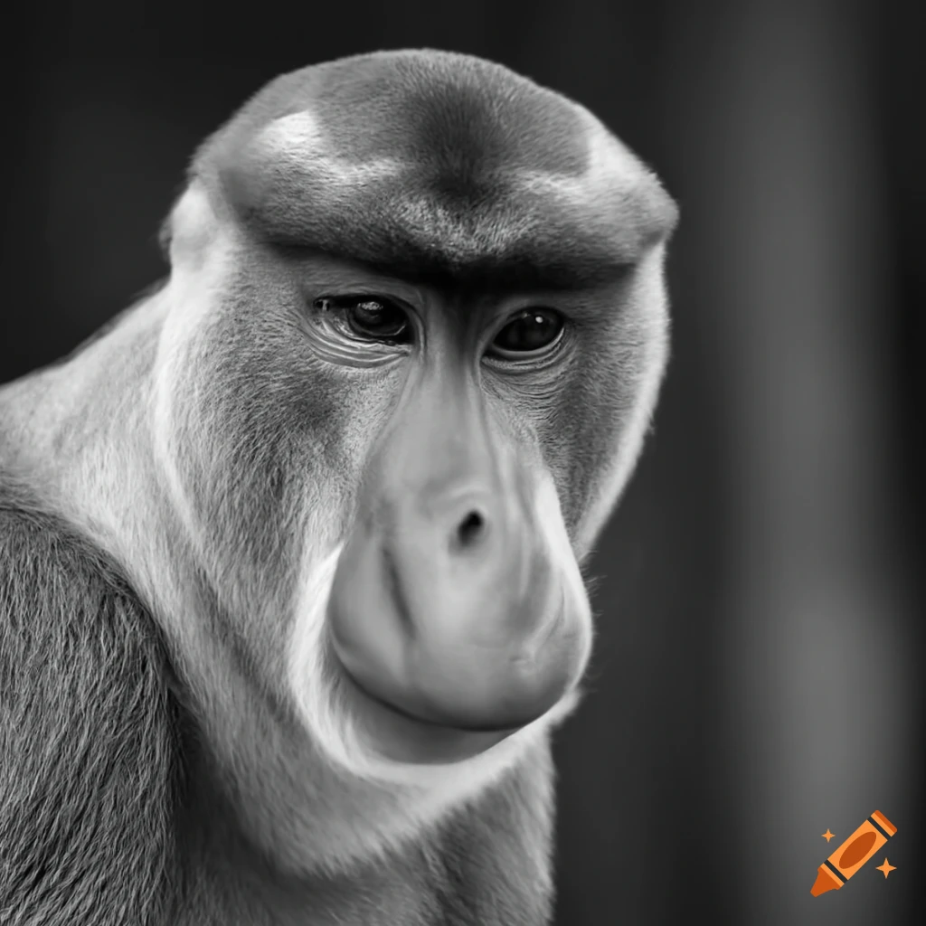 Greyscale image of a proboscis monkey head