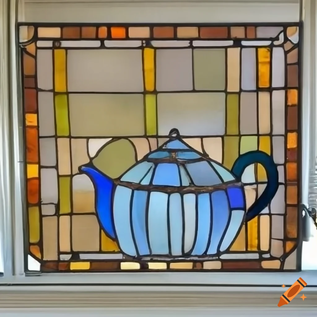 Stained glass window art of a kettle on Craiyon