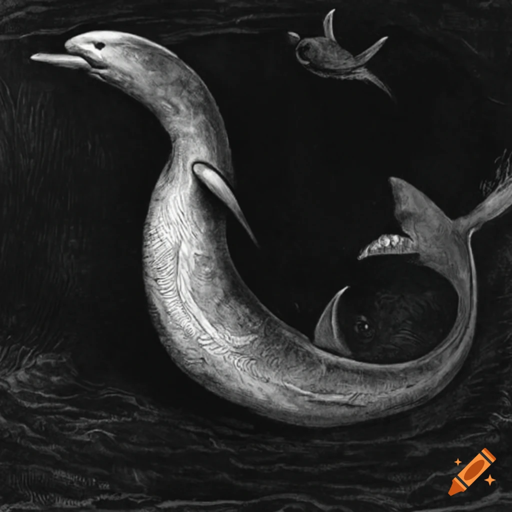 Black and white etching of dolphins in the sky