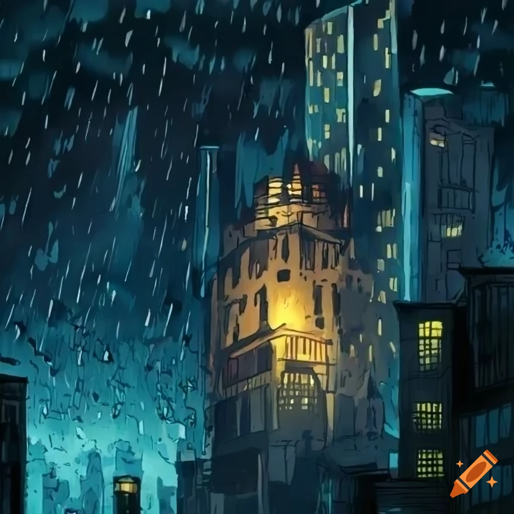 Comic style illustration of a city in the rain on Craiyon