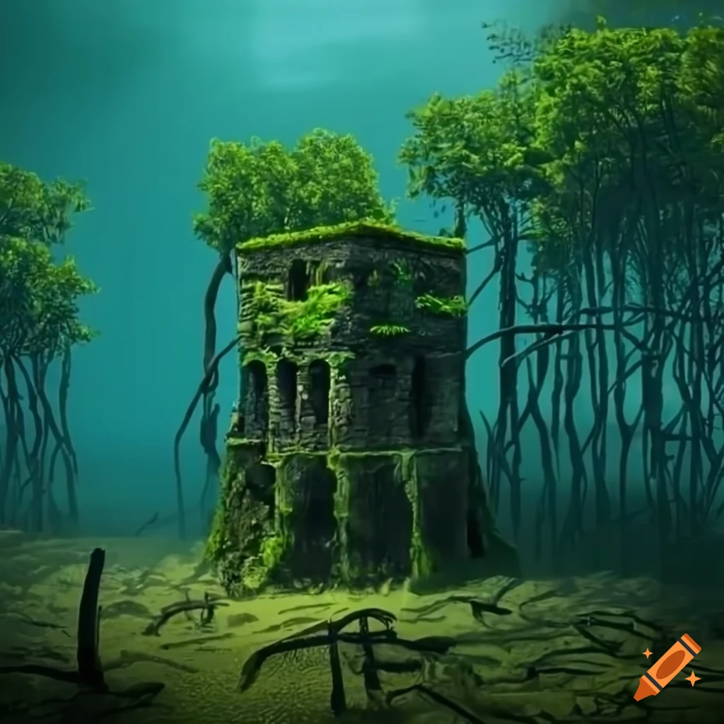 Hyperrealistic forest with medieval tower