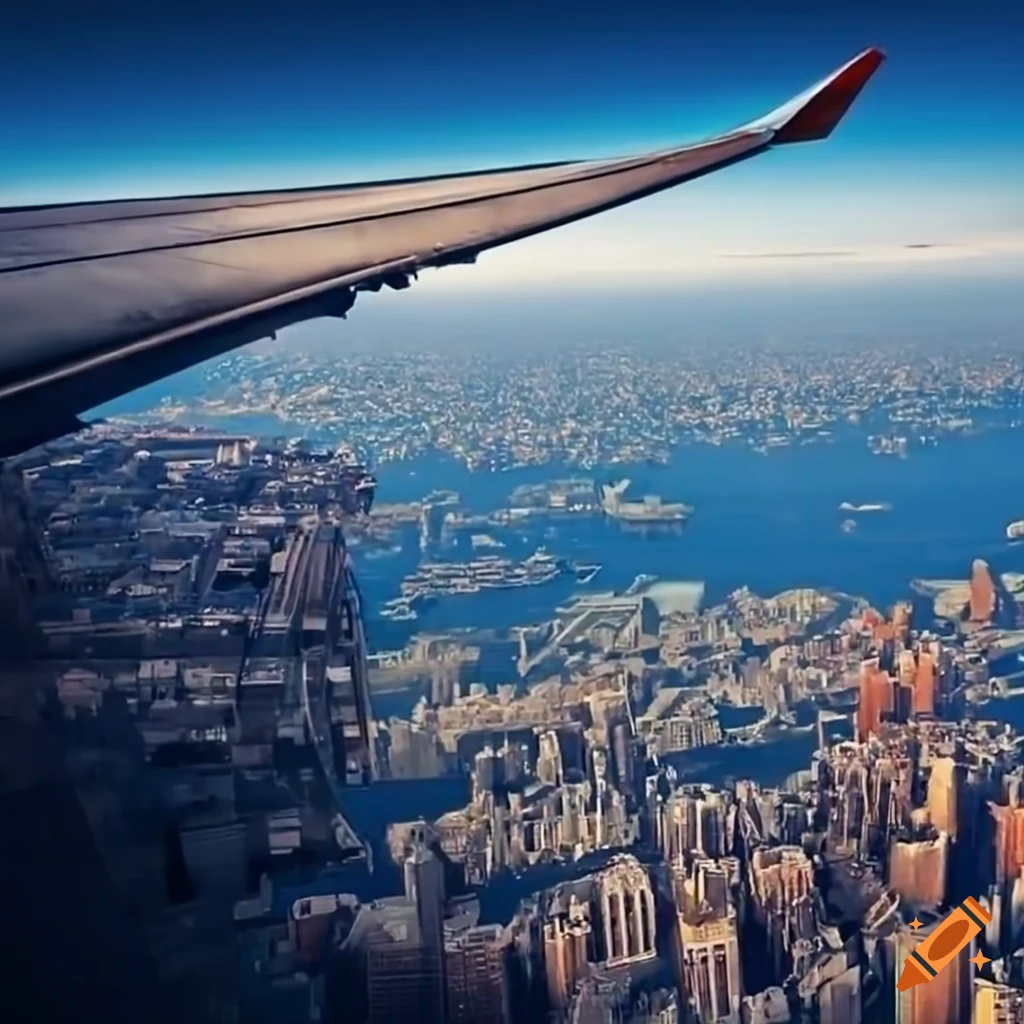 City view from inside a plane on Craiyon