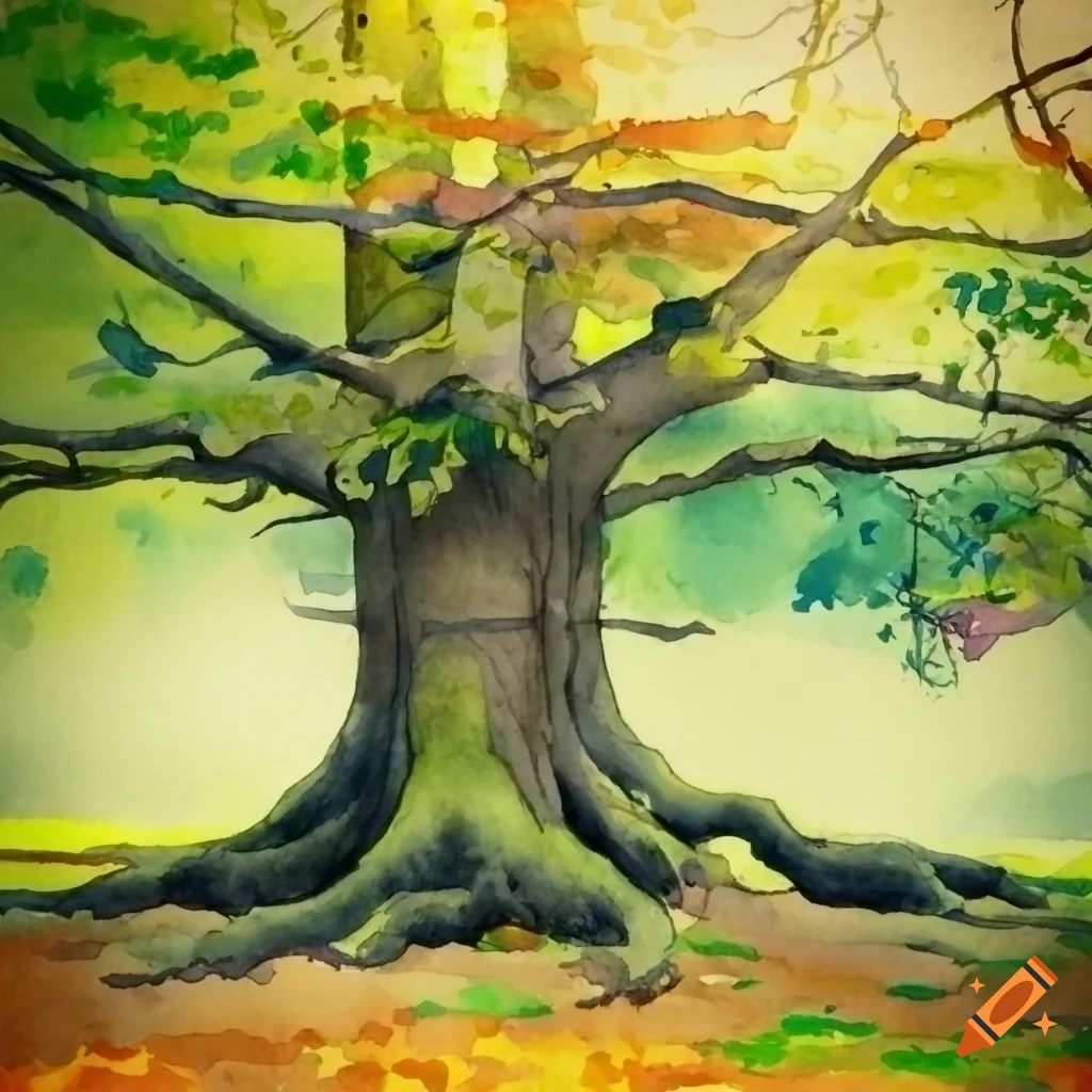 Watercolor painting of a smiling old beech tree on Craiyon