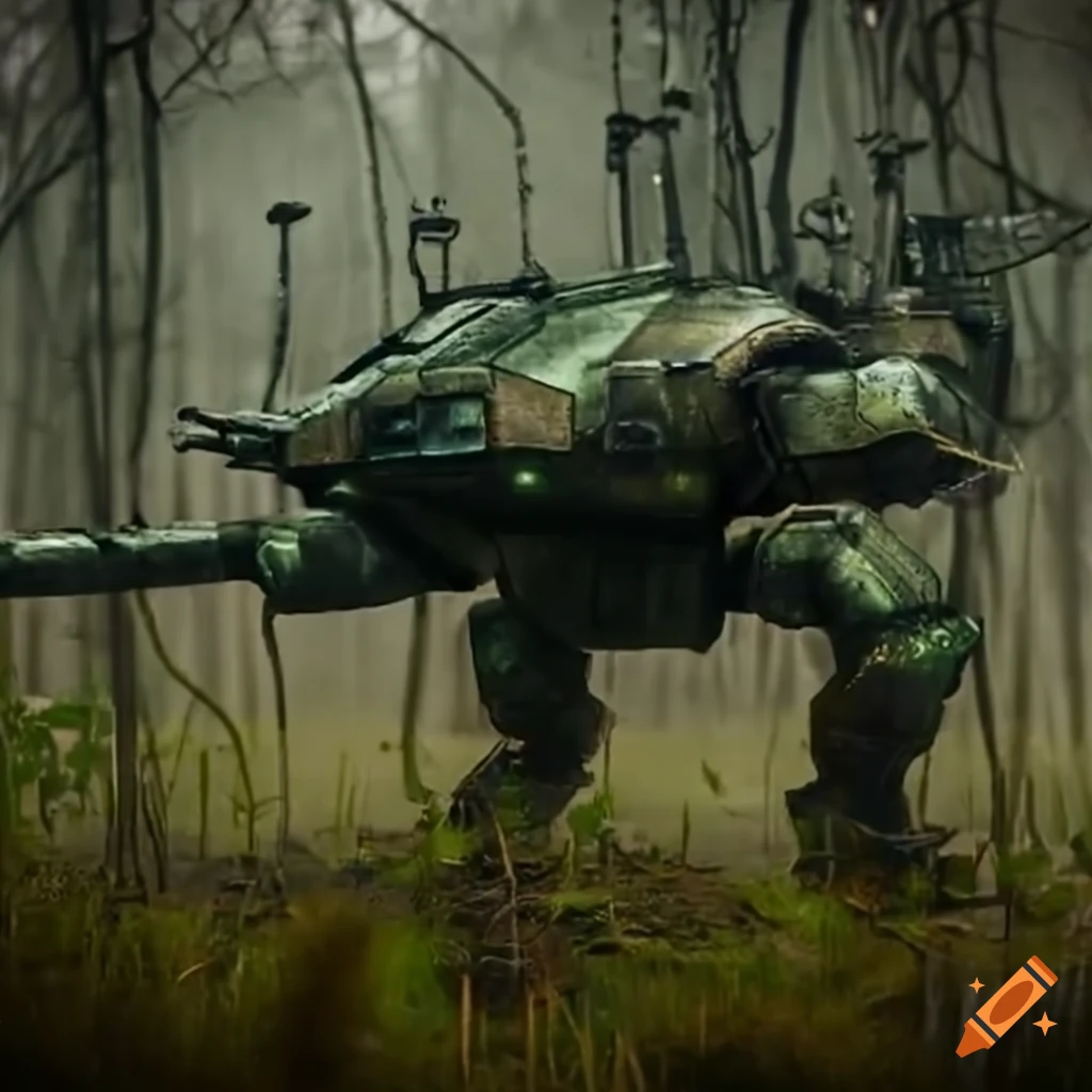 Camouflaged mech robot scanning the swamp at night on Craiyon