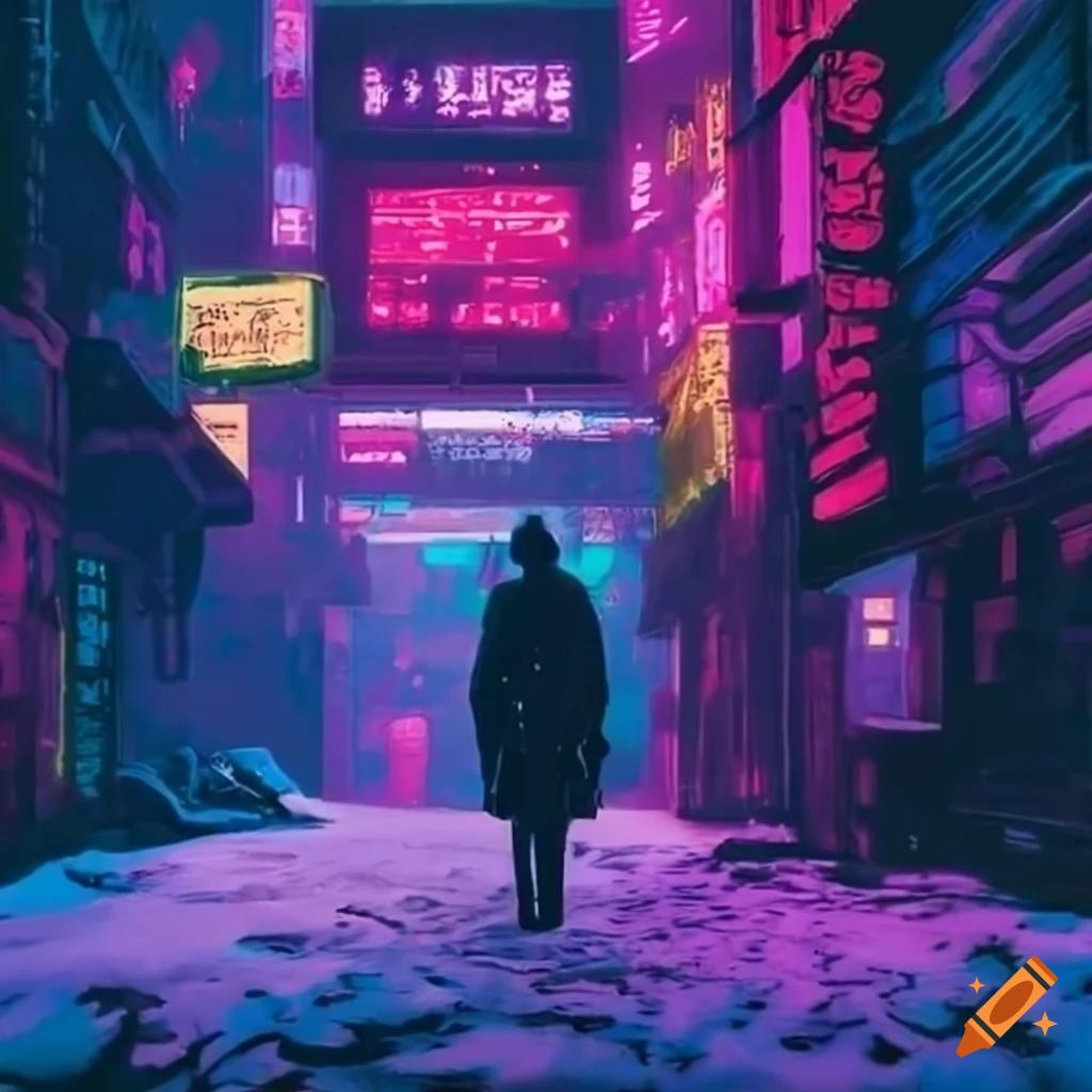 Cyberpunk scene with a lone man in snowy city on Craiyon