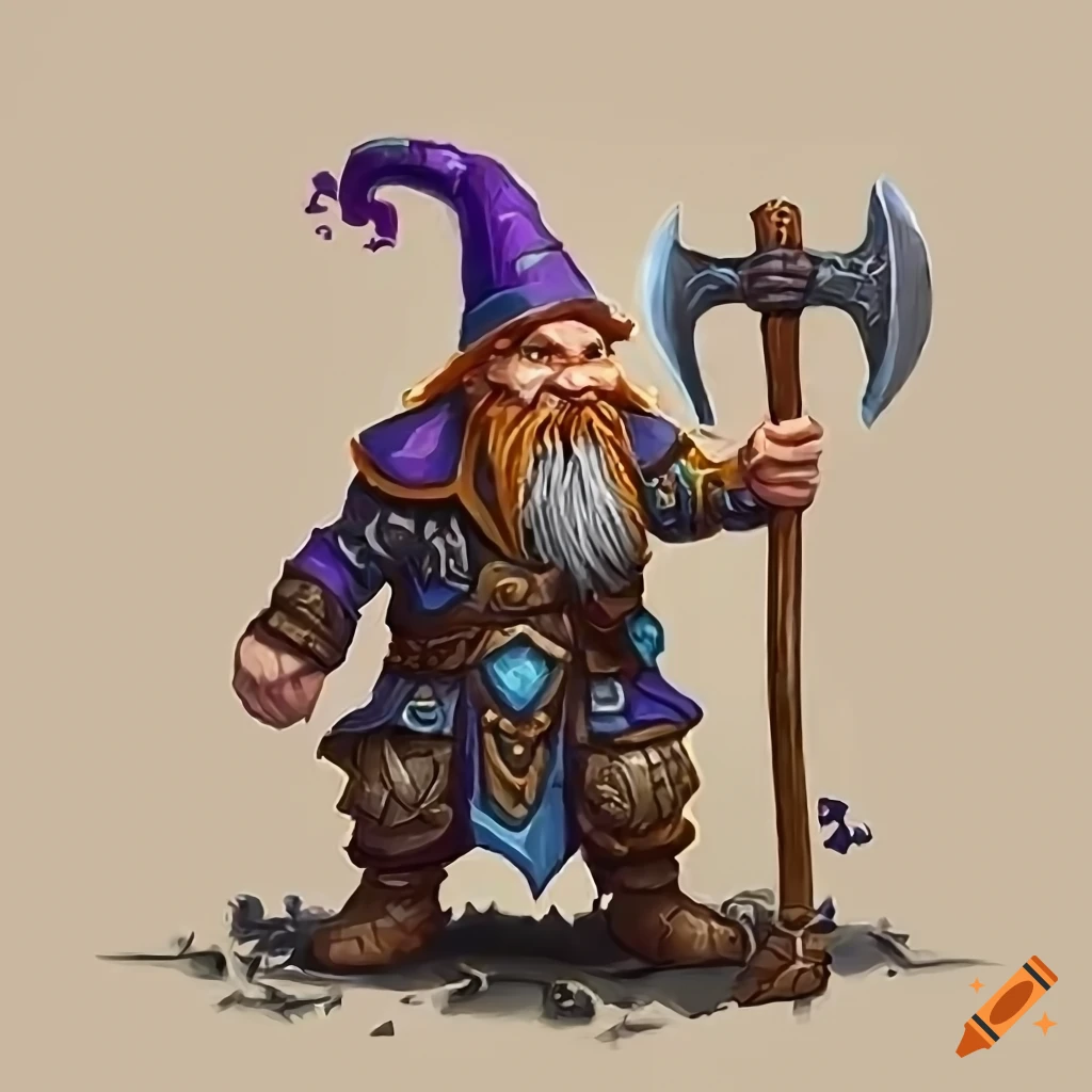 Illustration of a powerful dwarf wizard with a battleaxe on Craiyon