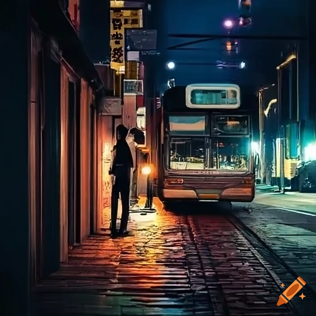 Artistic depiction of a night scene on a japanese bus