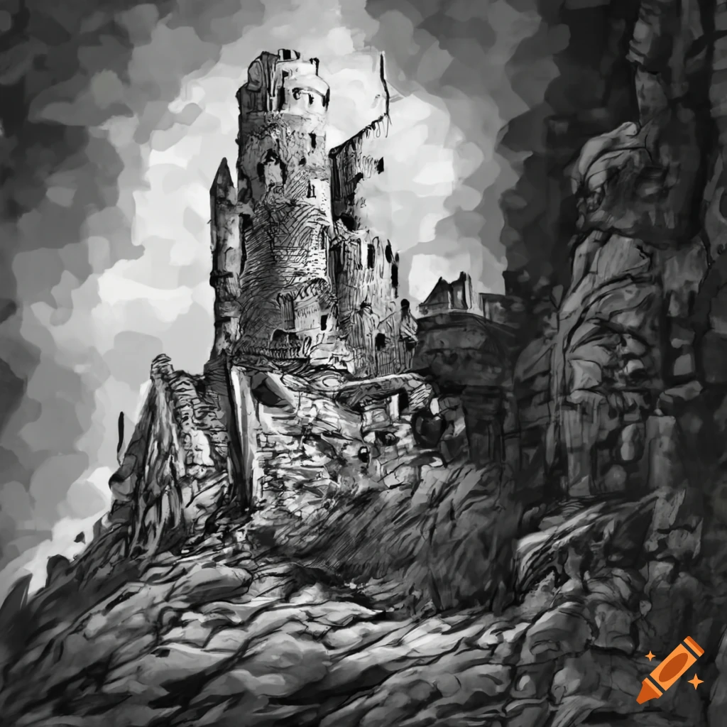 Black and white drawing of castle ruins
