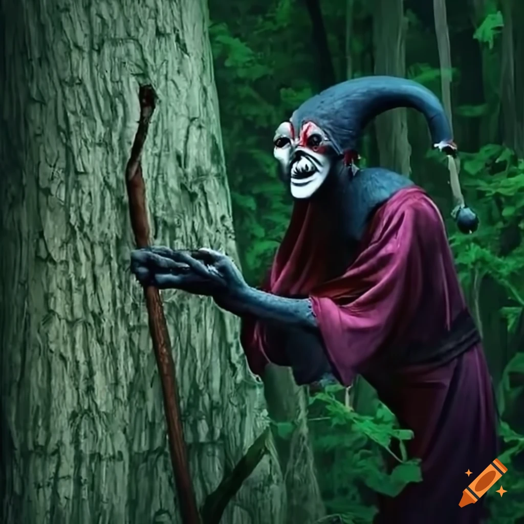 Artistic depiction of a jester archer in the woods on Craiyon