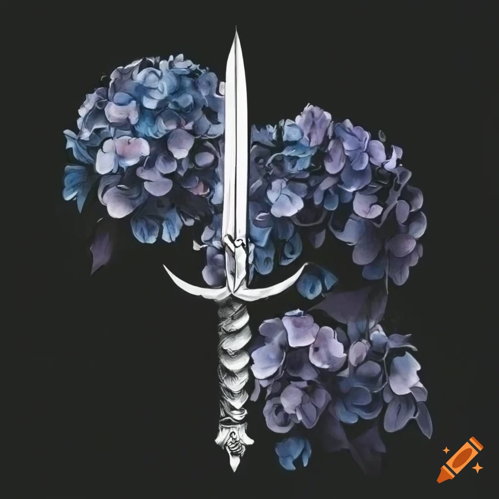 Black and white sword illustration with hydrangea decorations
