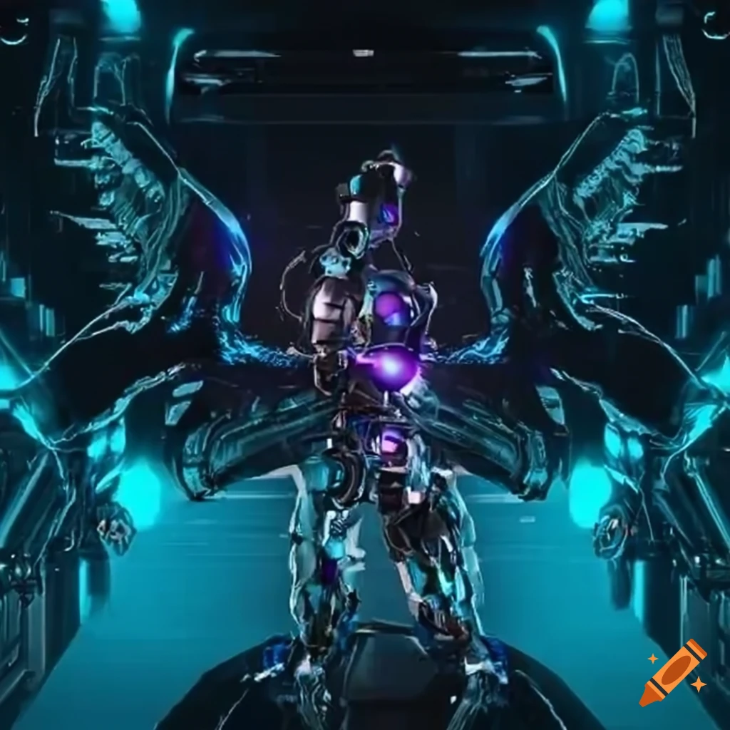 Futuristic phoenix robot in a digital labyrinth