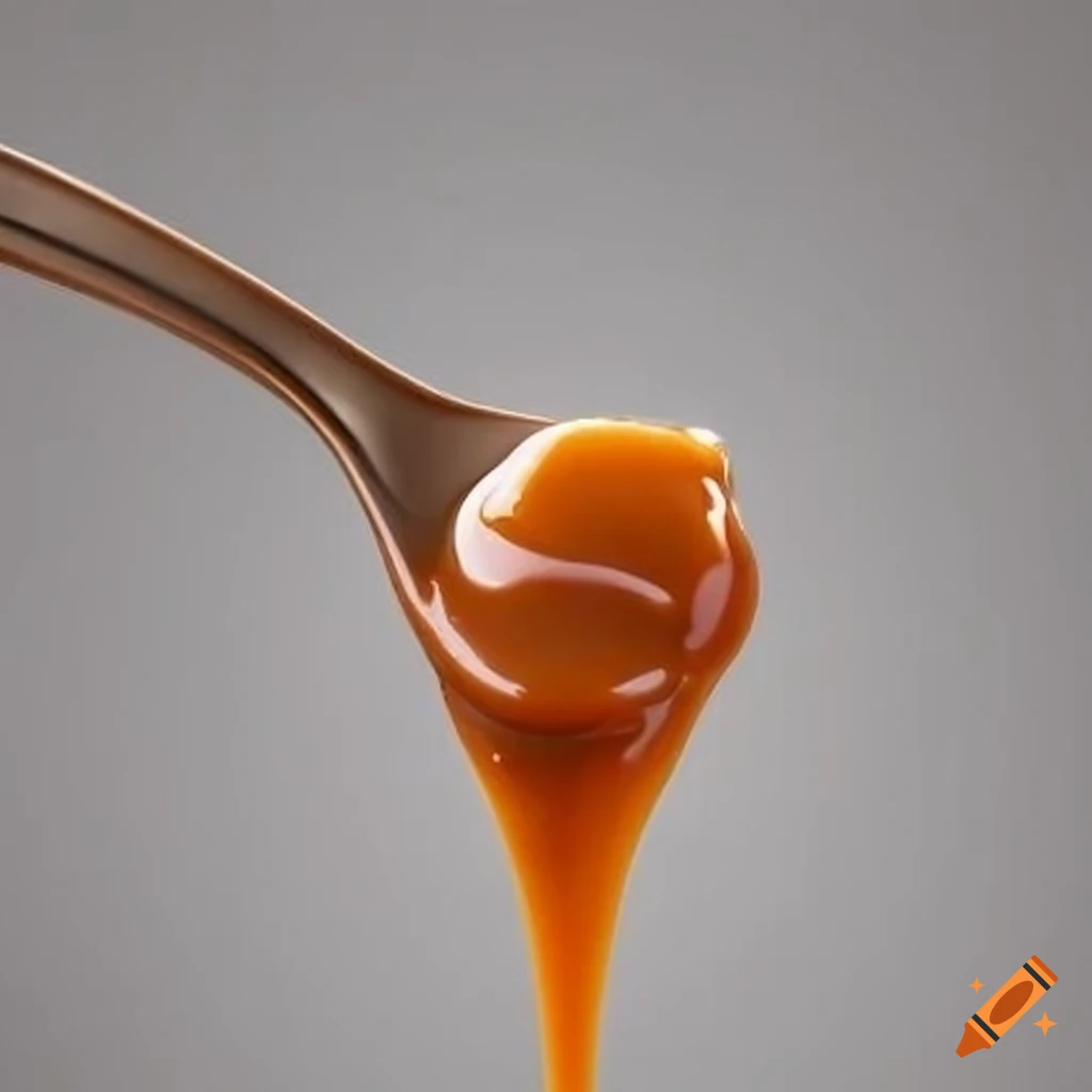 Intricately detailed caramel pot being stirred with a wooden spoon in ...