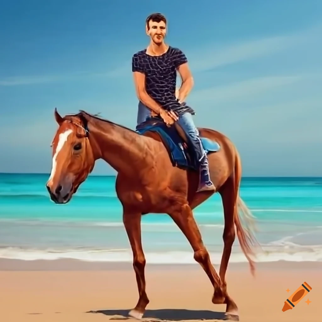 Man riding a beautiful mare on the beach on Craiyon
