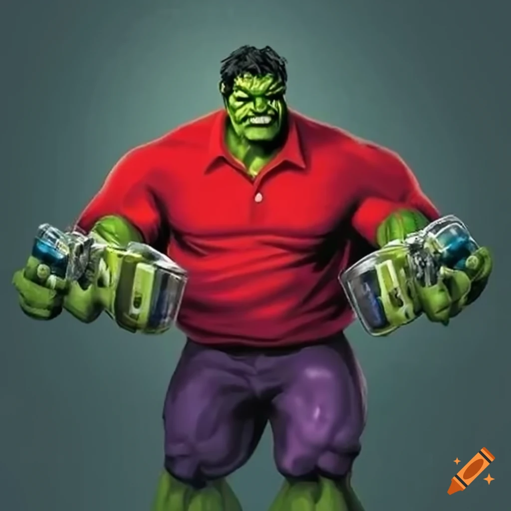 Hulk wearing a red polo shirt and carrying a bag of cans