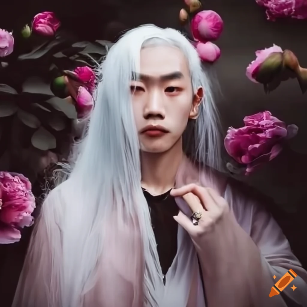 Portrait of an androgynous asian man in a peony garden